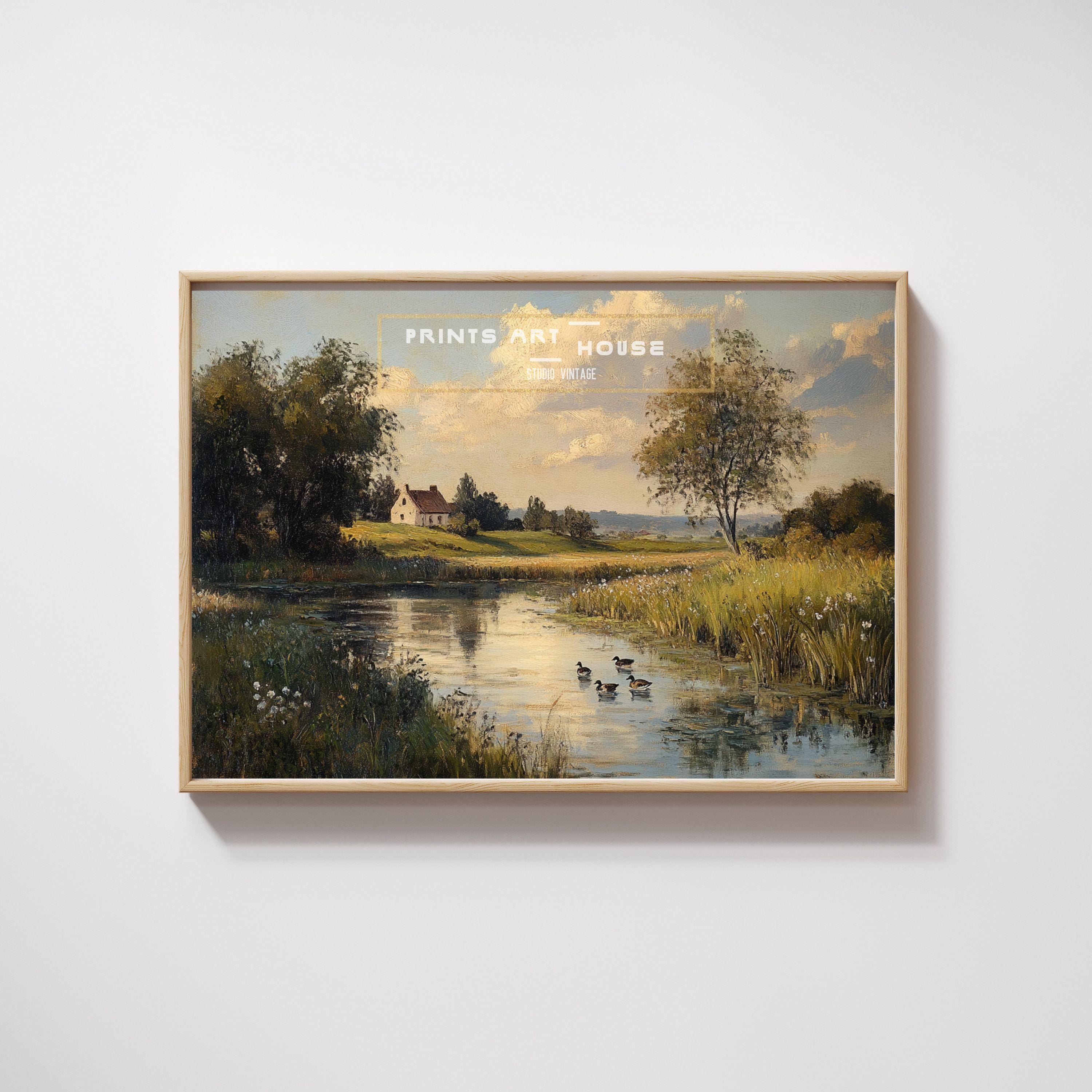 Vintage River Landscape Oil Painting With Ducks: Cottagecore Printable ...