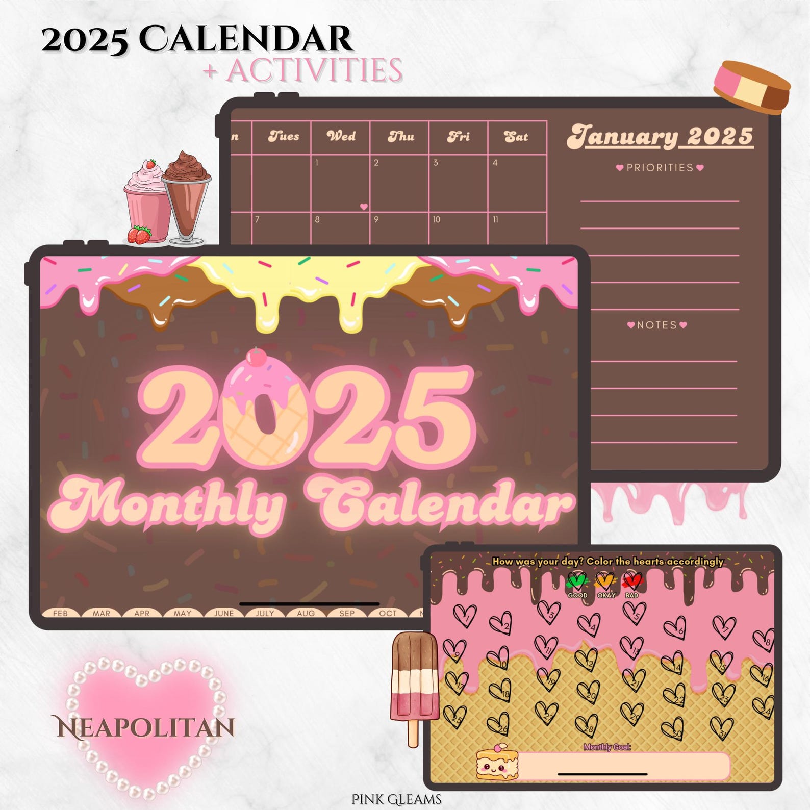 2025 Calendar Neapolitan Chocolate, Ice Cream, Brownie, Sweet, Kawaii ...