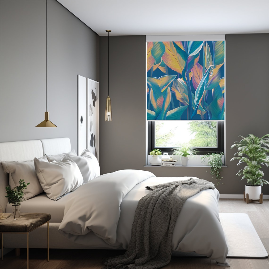 Natural Room Roller Blinds for Window or Door, Bohemian Style Leaf ...
