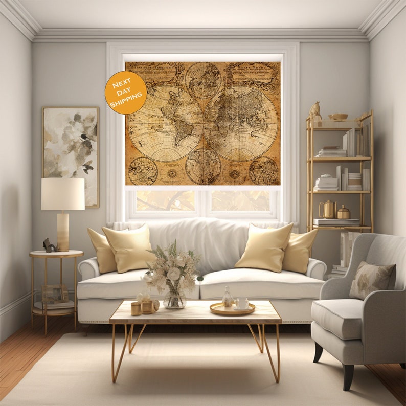 Vintage Map Roller Blinds for Window or Door, Map Style Window Roller Shades, Printed Roller ...