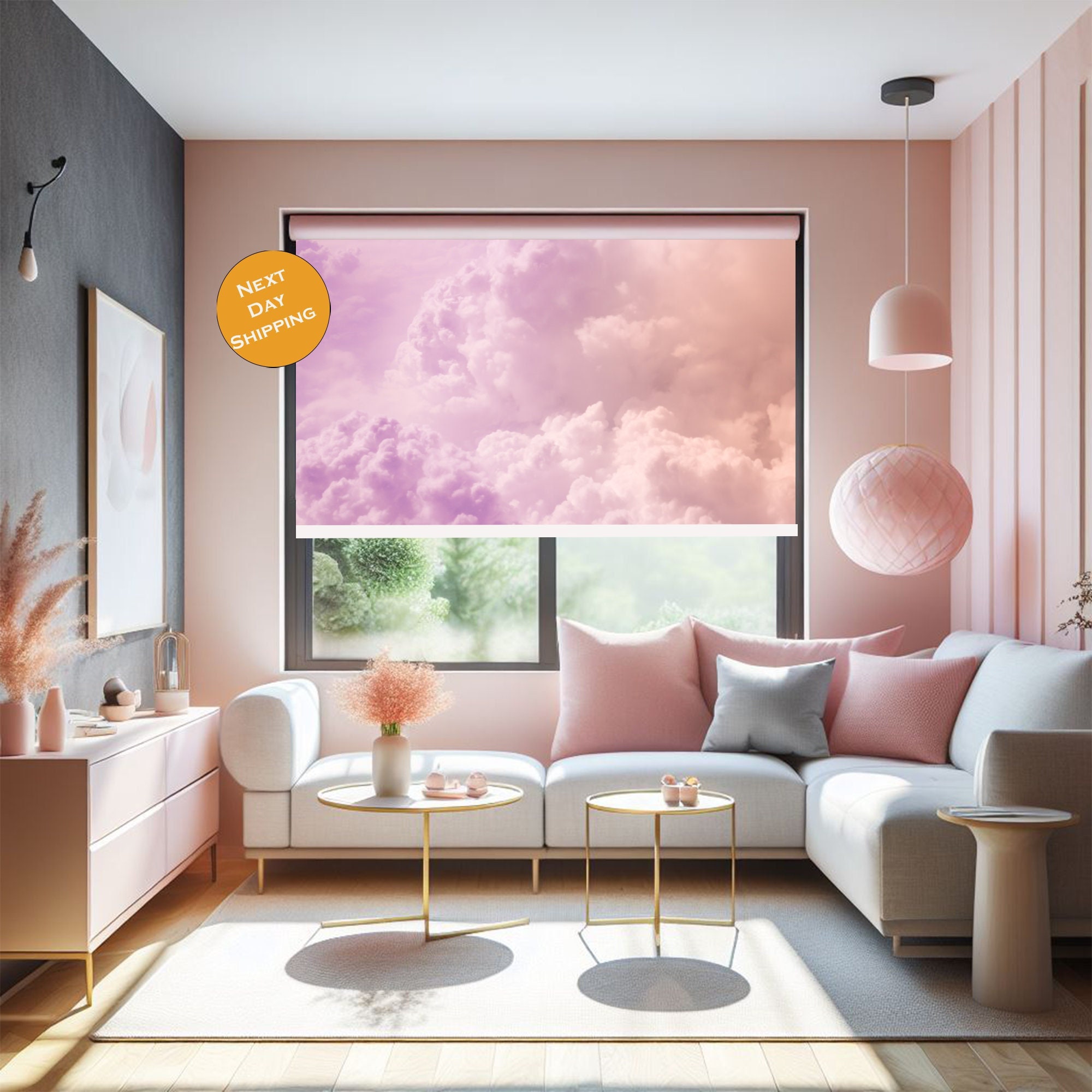 Pink Cloudy Room Roller Blinds for Window or Door, Cloudy Style Window Roller Shades, Printed ...