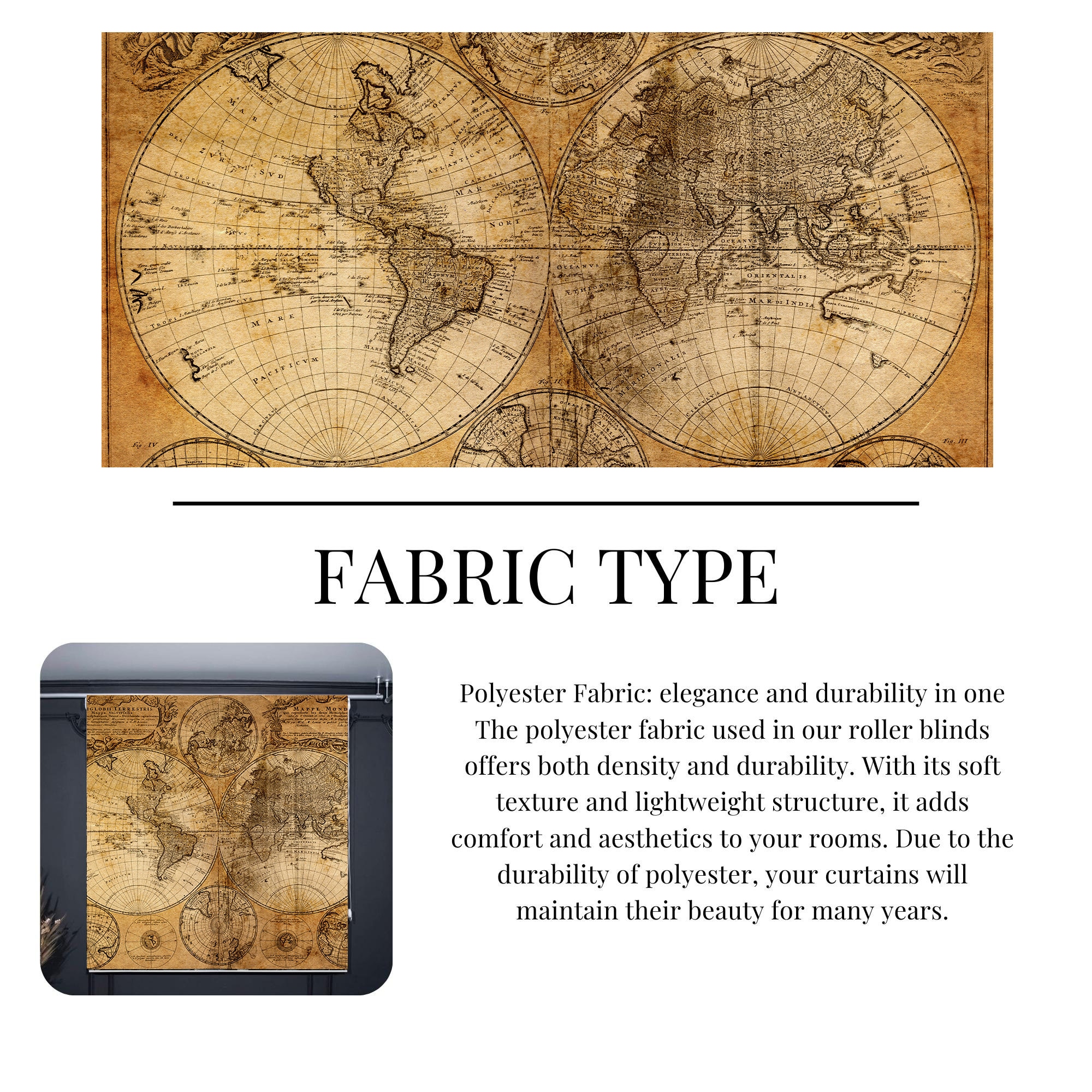 Vintage Map Roller Blinds for Window or Door, Map Style Window Roller ...