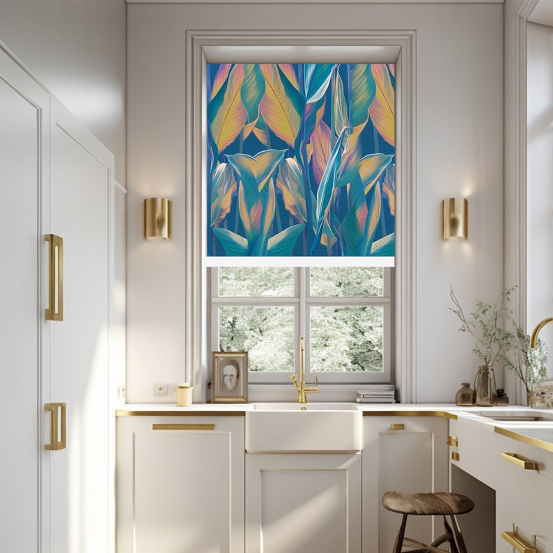 Natural Room Roller Blinds for Window or Door, Bohemian Style Leaf Pattern Window Roller Blinds ...