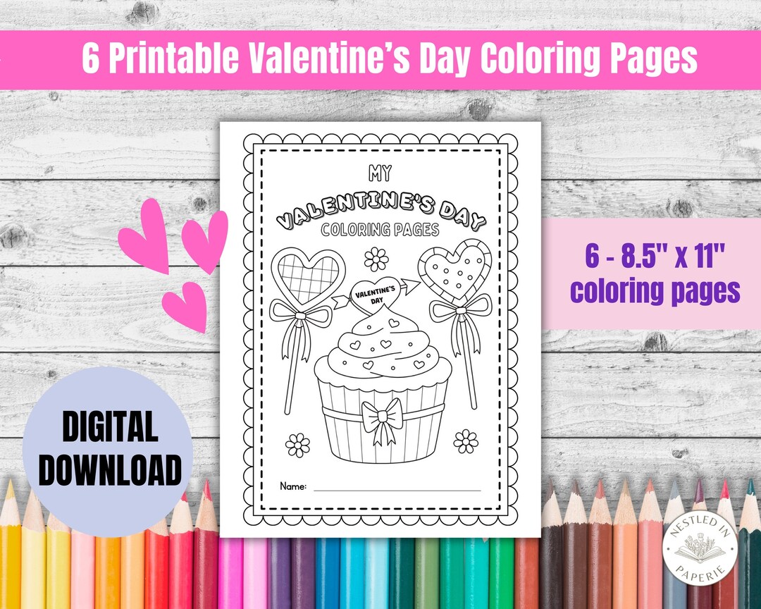 Kids Valentines Day Printable Coloring SIX Pages, February 14, Coloring ...