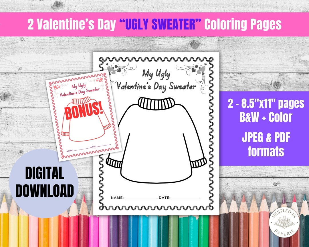 Valentines Day Ugly Sweater Printable Coloring Pages, TWO Happy ...