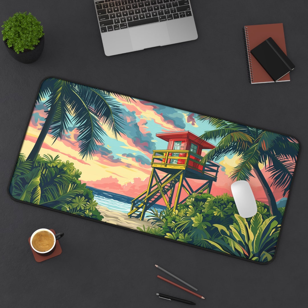 Beach Desk Mat: Cozy Gamer Decor, Cute Beach Hut Deskmat, Beach ...