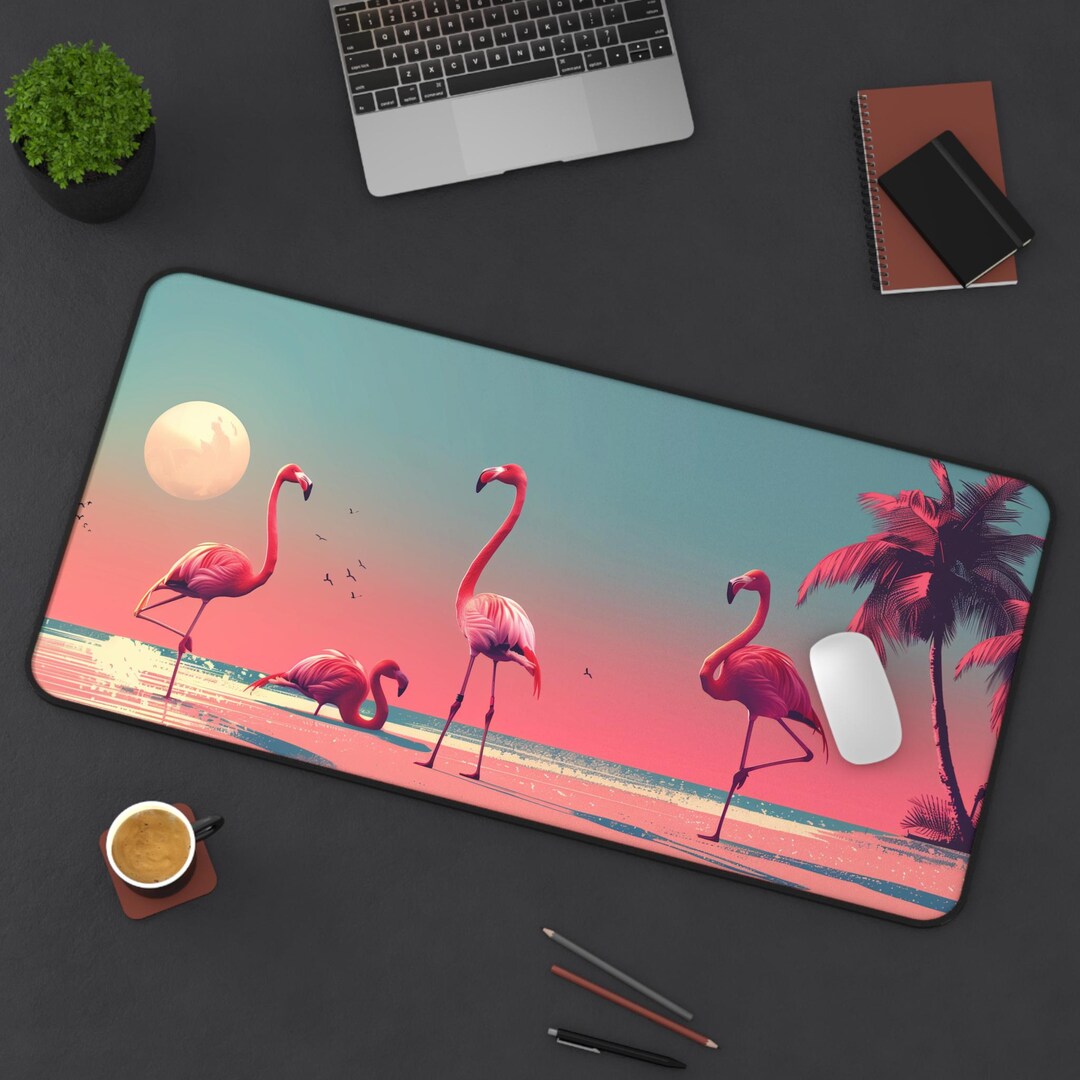 Florida Sunset Beach Desk Mat, Vibrant Pink Flamingos & Palm Leaves ...