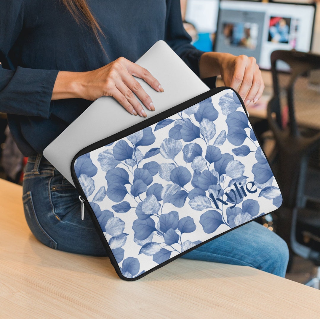 Elegant Personalized Blue Floral Leaf Laptop Sleeve | Case for 12" 13 ...