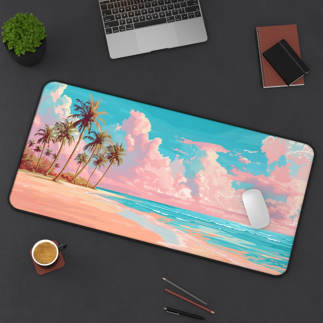 Palm Trees Desk Mat: Pastel Cozy Gamer Decor, Beach Aesthetic Vintage ...