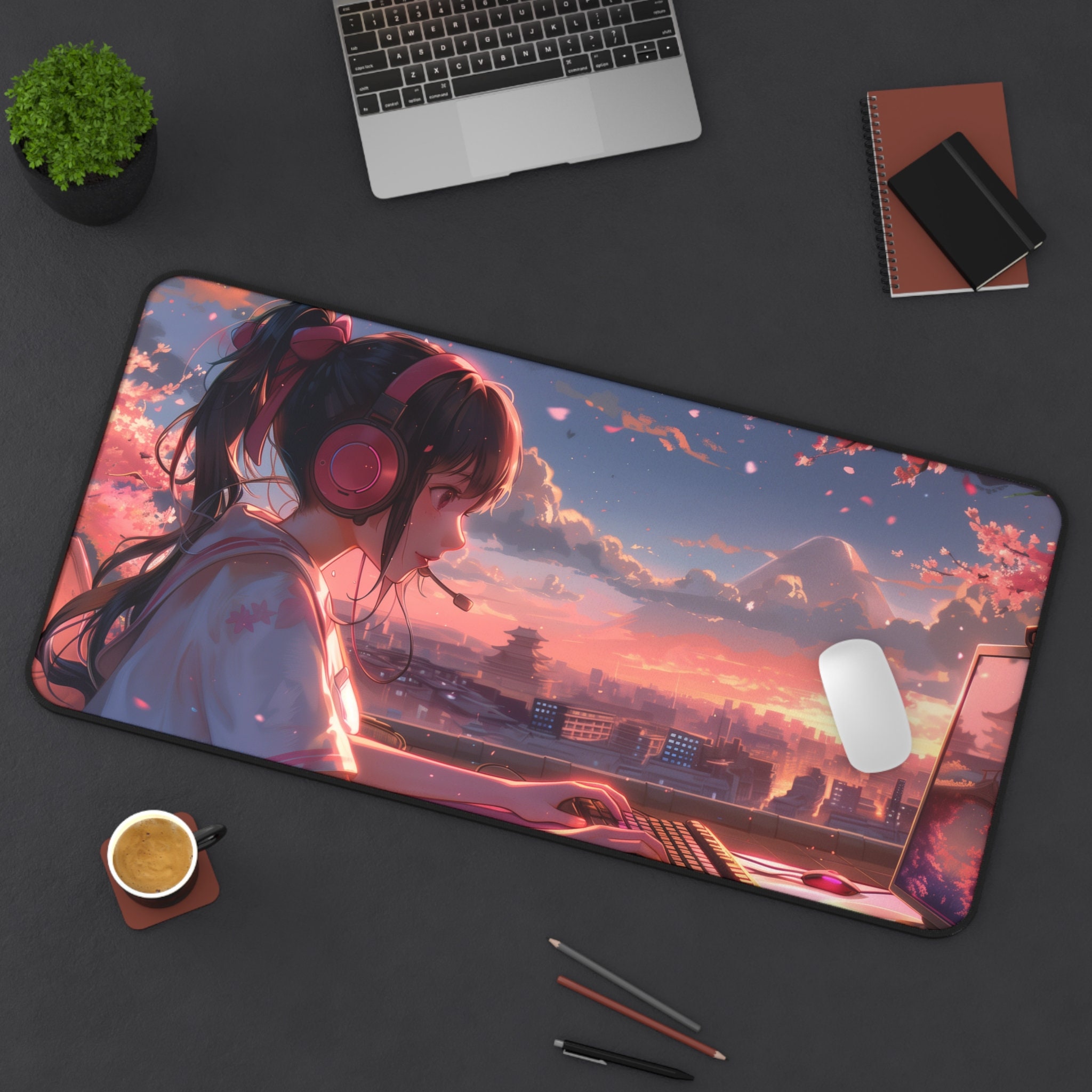 Lofi Anime Desk Mat Cute Anime Gamer Girl Pink Kawaii Gift for Anime ...