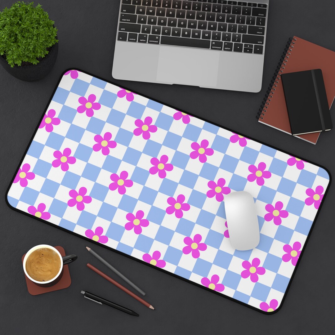 Desk Mat: Cute Checkered Aesthetic Deskmat, Funky Floral Mousepad, Cozy ...
