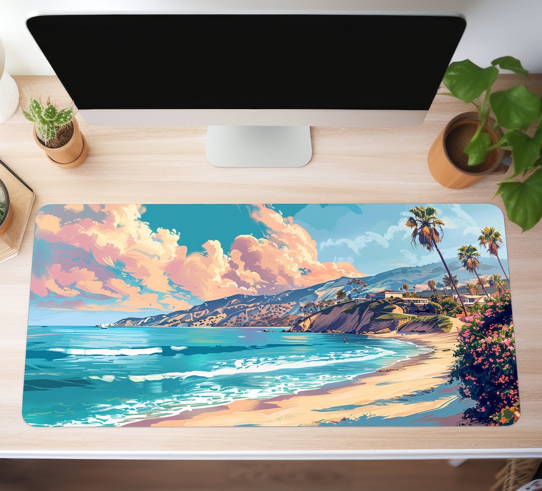 Beach Desk Mat: Cozy Gamer Decor, Pastel Coastal Aesthetic Deskmat ...