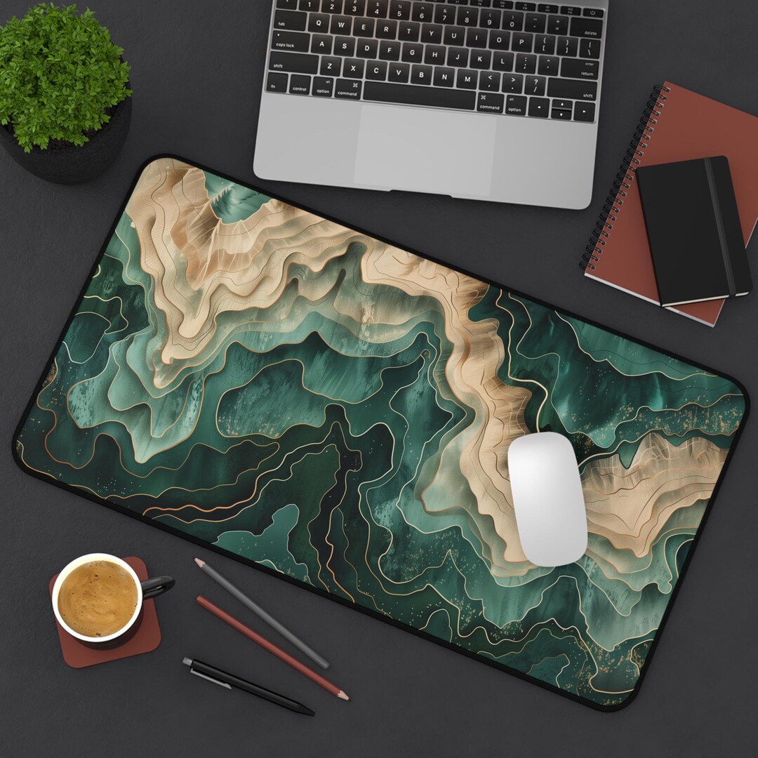 Green Contour Lines Desk Mat, Green Gold Topography Mousepad, Nature ...