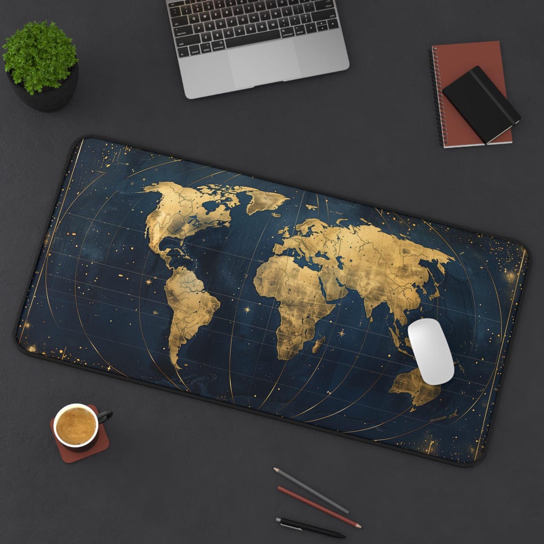 World Map Desk Mat | Extra Large Navy Blue & Gold Globe, Non-slip ...