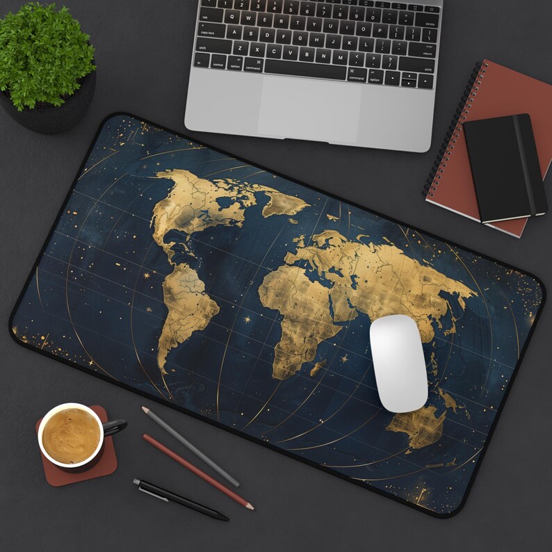 World Map Desk Mat | Extra Large Navy Blue & Gold Globe, Non-slip ...