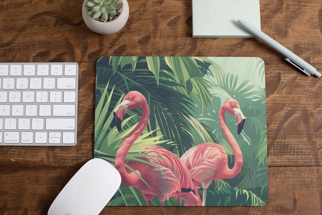 Pink Flamingo Mouse Pad, Palm Frond Desk Accessory, Elegant Green ...