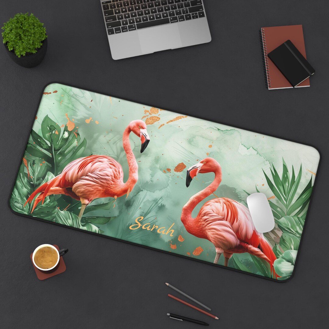 Personalized Pink Flamingo Desk Mat, Elegant Flamingo & Botanical Palm ...