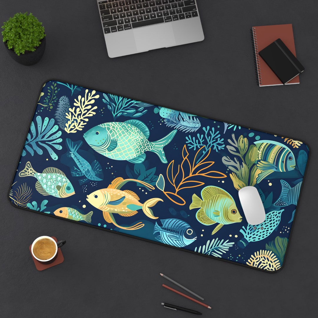 Cute Fishes Desk Mat: Dark Blue Ocean Sea World Gamer Keyboard Mat ...