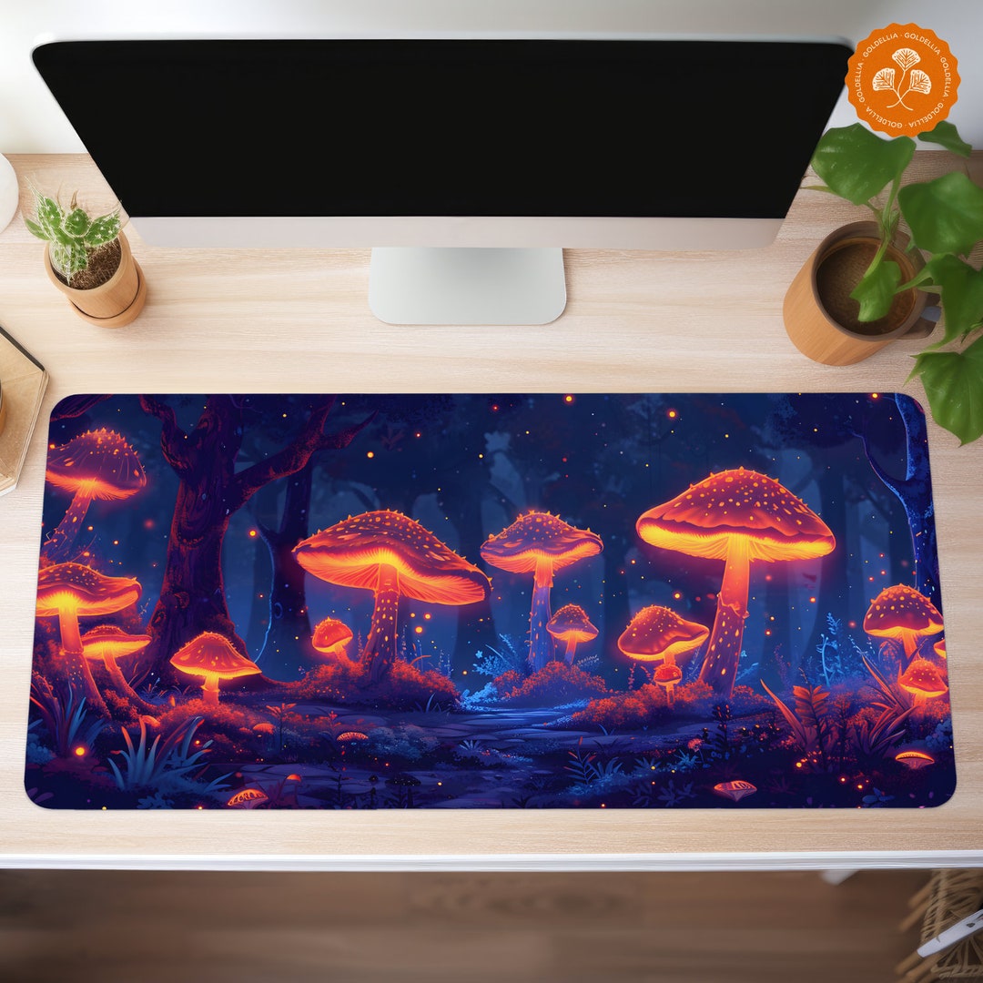 Mushroom Desk Mat | Cute Landscape With Glowing Mushrooms and Trees ...