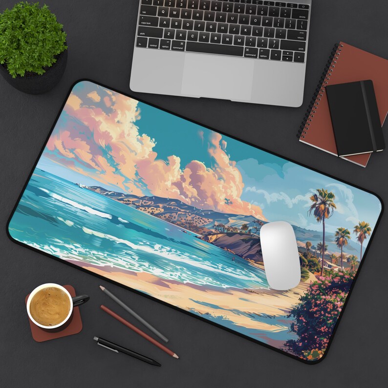 Beach Desk Mat: Cozy Gamer Decor, Pastel Coastal Aesthetic Deskmat ...