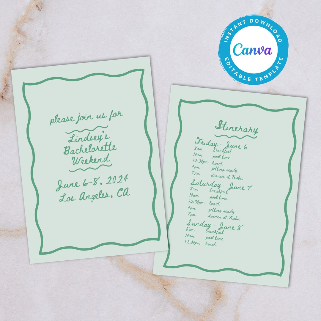 Illustrated Bachelorette Party Invitation & Itinerary: Editable Canva ...