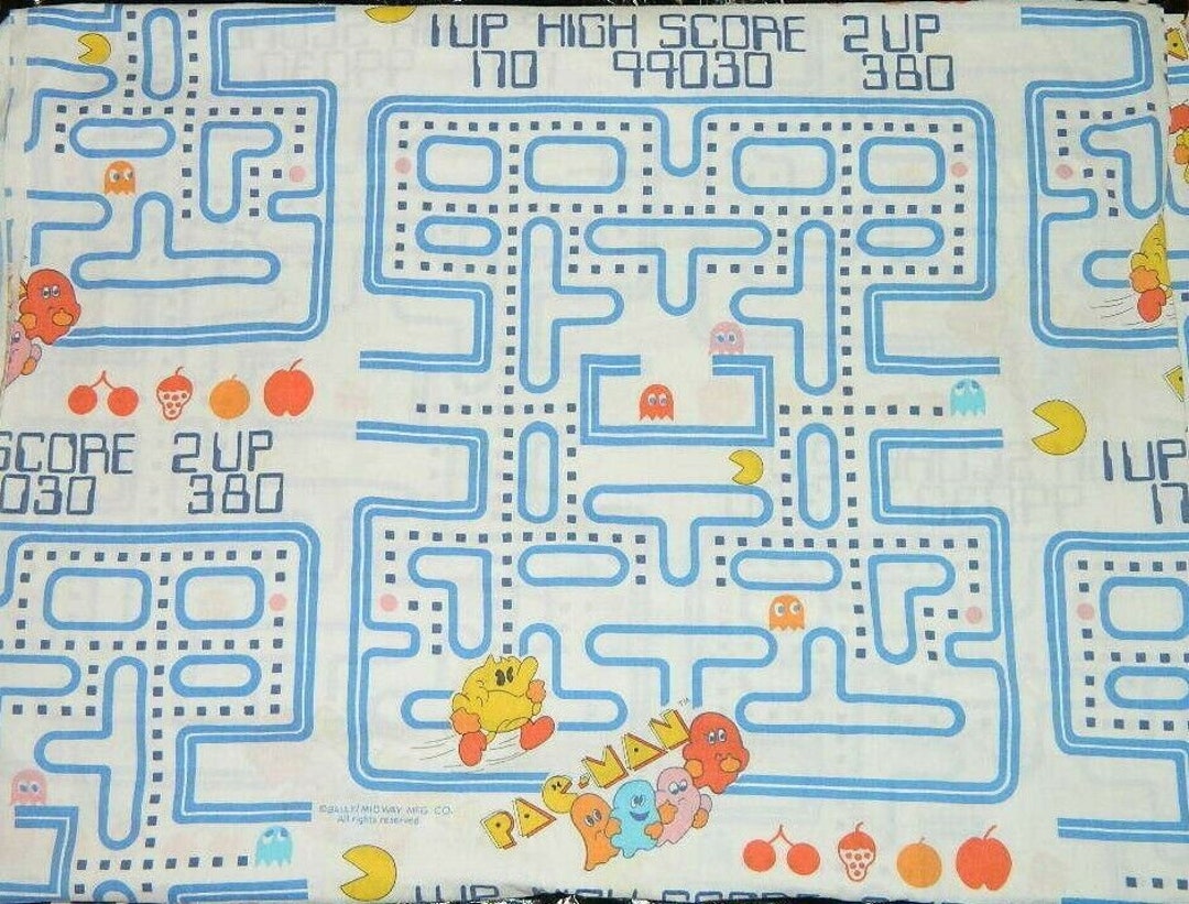 Pac Man Video Game Vintage 80's Flat Twin Sheet 93X65 Blue White Dan ...