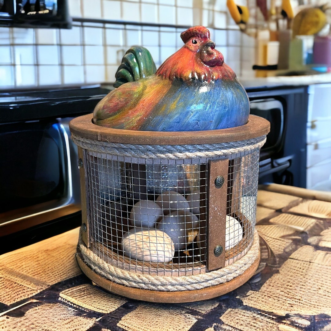 Ceramic Chicken Egg Holder, Farmhouse Egg Basket, Rustic Style Wooden ...