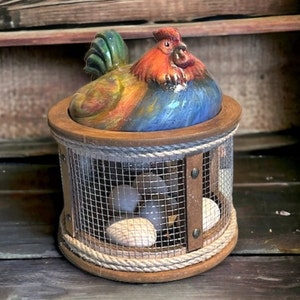 Ceramic Chicken Egg Holder, Farmhouse Egg Basket, Rustic Style Wooden ...