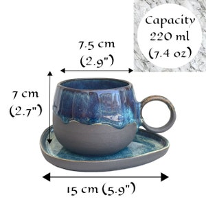 Deep Blue Cappuccino Mug and Saucer Set, Ceramic Blue Gray Coffee Cup ...