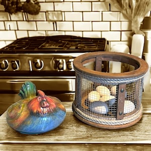 Ceramic Chicken Egg Holder, Farmhouse Egg Basket, Rustic Style Wooden ...