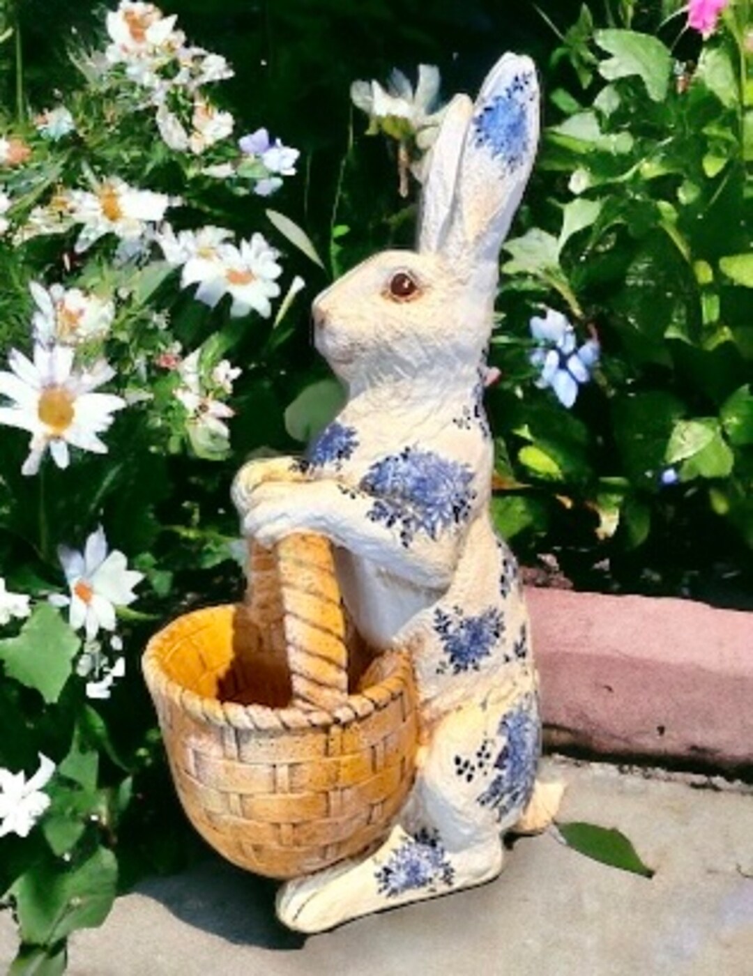 Tall Rabbit Statue With Basket for Garden Decor - Blue Easter Bunny ...
