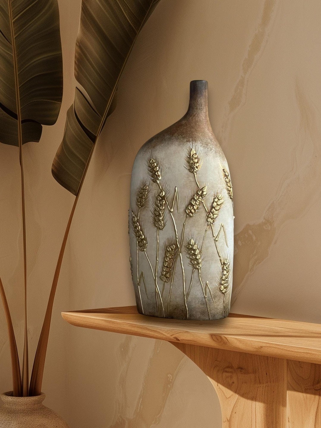 Wheat Design Ceramic Vase, Rustic Brown - Gold Ceramic Vase With ...