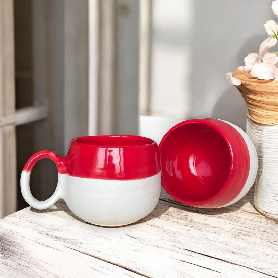 Red and White Ceramic Mug, Handmade Rustic Pottery Tea Cup, Round Large ...