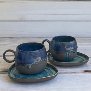 Deep Blue Cappuccino Mug and Saucer Set, Ceramic Blue Gray Coffee Cup ...