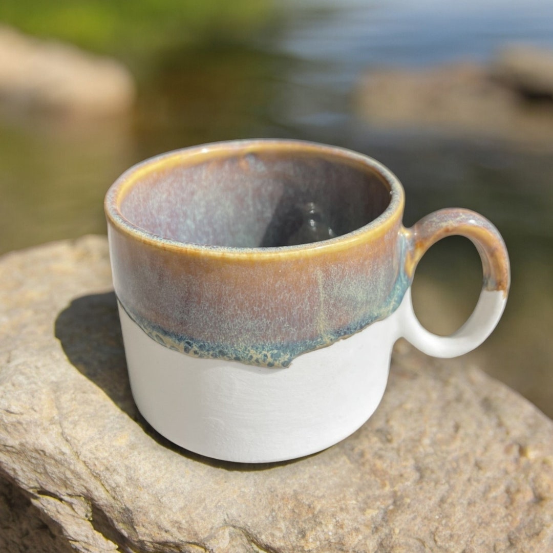 White Brown Rustic Pottery Coffee Mug - Ceramic Tea Cup With Handle ...
