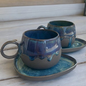 Deep Blue Cappuccino Mug and Saucer Set, Ceramic Blue Gray Coffee Cup ...