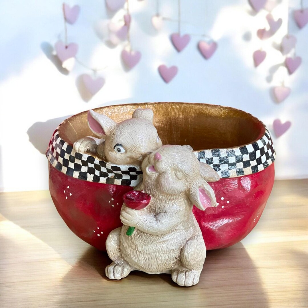 Cute Rabbits Flower Pot - Red and Gold Bunny Candy Dish - Tabletop ...