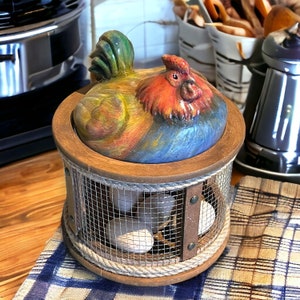 Ceramic Chicken Egg Holder, Farmhouse Egg Basket, Rustic Style Wooden ...