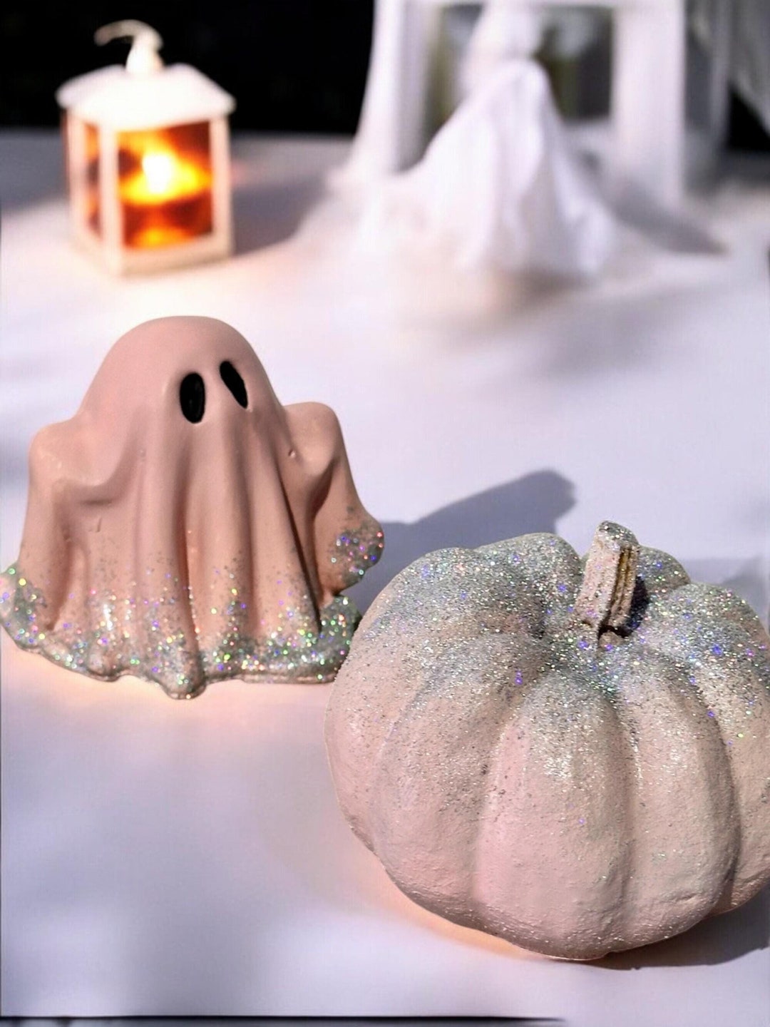 Pink Glitter Ghost and Pumpkin Figure Set, Glitter Pastel Halloween ...