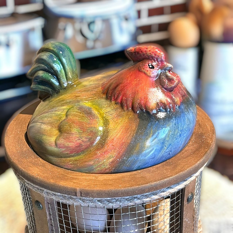 Ceramic Chicken Egg Holder, Farmhouse Egg Basket, Rustic Style Wooden ...