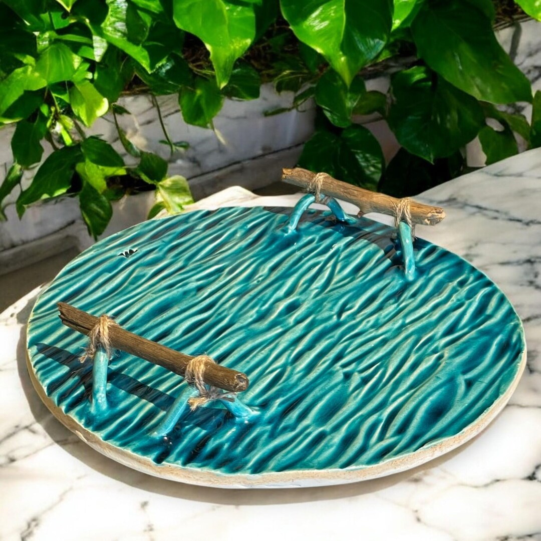 Rustic Large Ceramic Cheese Plate - Blue Stoneware Charcuterie Board ...