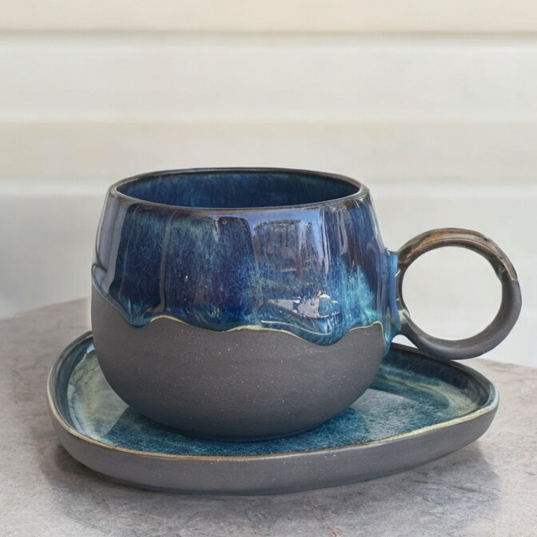 Deep Blue Cappuccino Mug and Saucer Set, Ceramic Blue Gray Coffee Cup ...