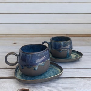 Deep Blue Cappuccino Mug and Saucer Set, Ceramic Blue Gray Coffee Cup ...