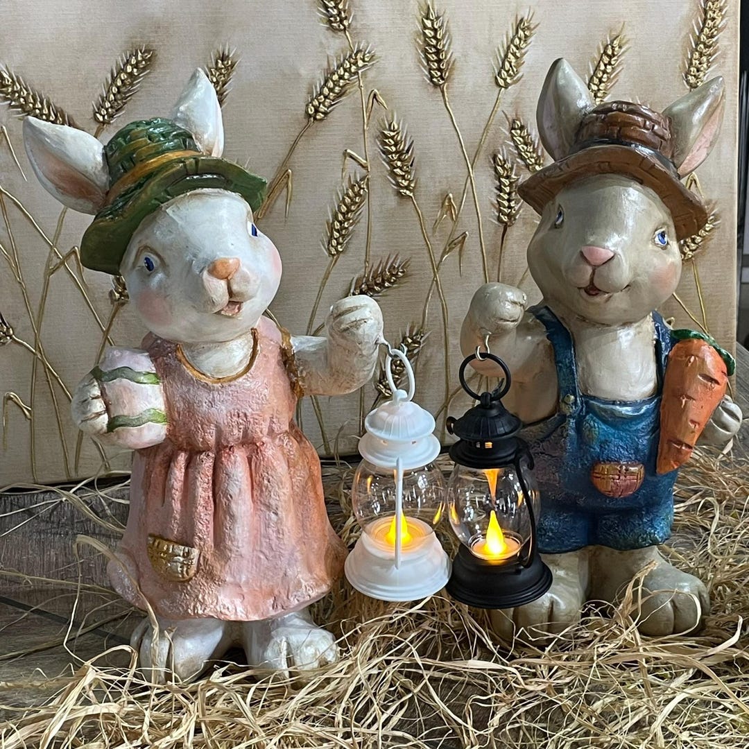 Farmhouse Rabbit Outdoor Statues With Lanterns - Large Cottagecore ...