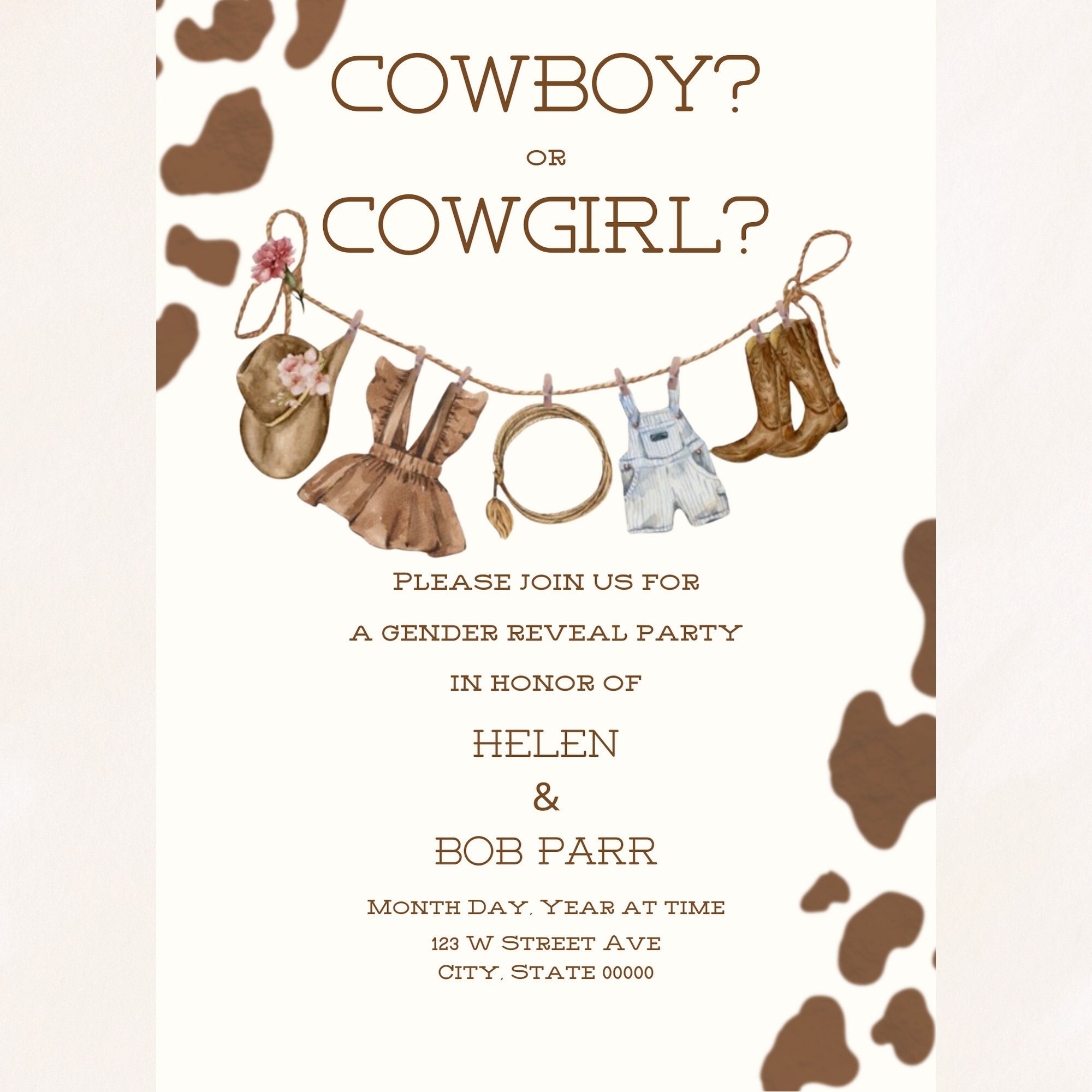 Editable Cowboy or Cowgirl Gender Reveal Invitation Boho Western Gender ...
