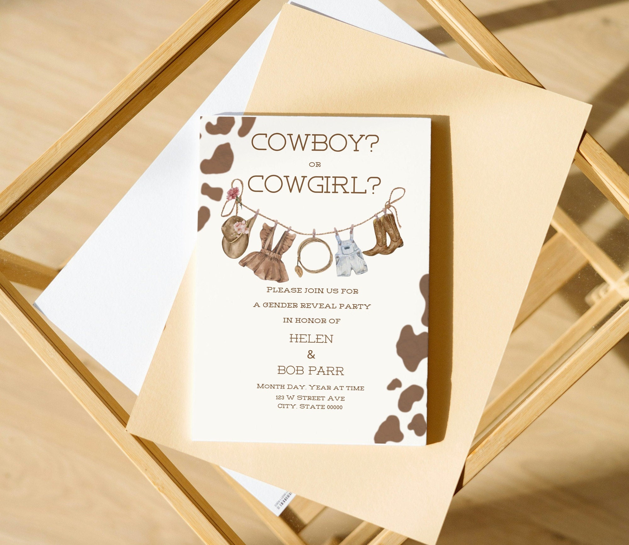 Editable Cowboy or Cowgirl Gender Reveal Invitation Boho Western Gender ...
