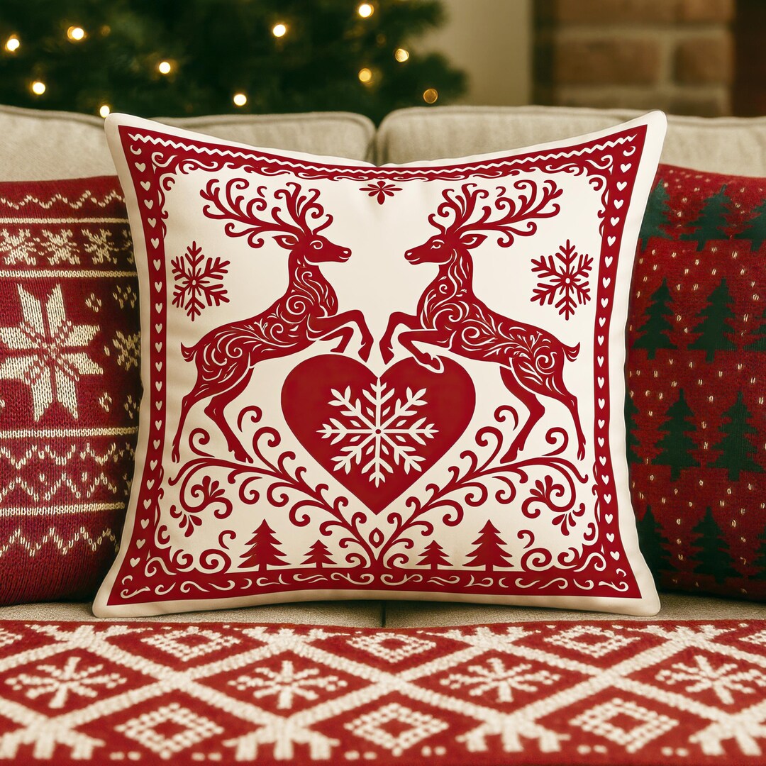 Nordic Reindeer Heart Pillow: Scandinavian Christmas Folk Art Cushion ...