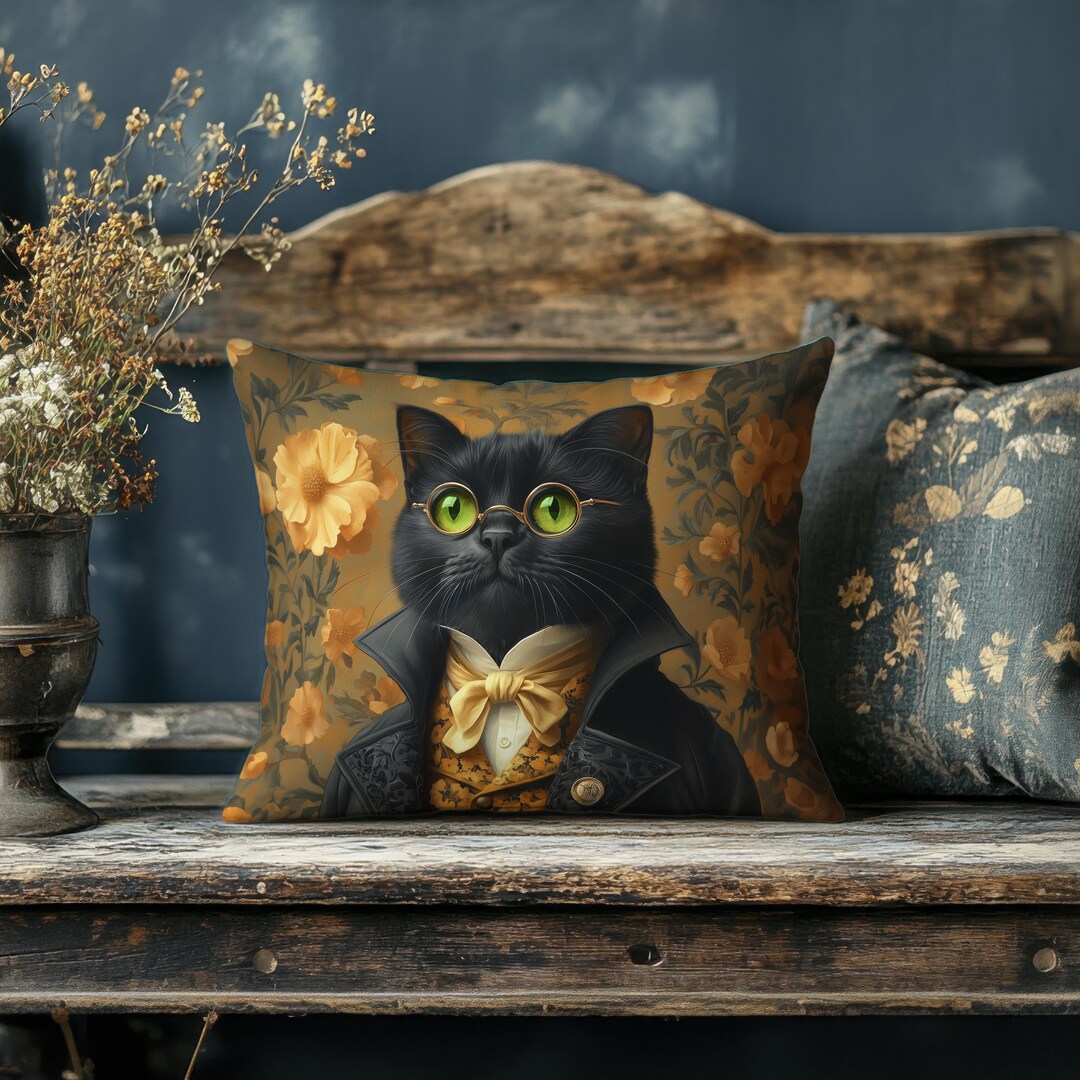 Victorian Dapper Black Cat Pillow: William Morris Inspired Faux Suede ...