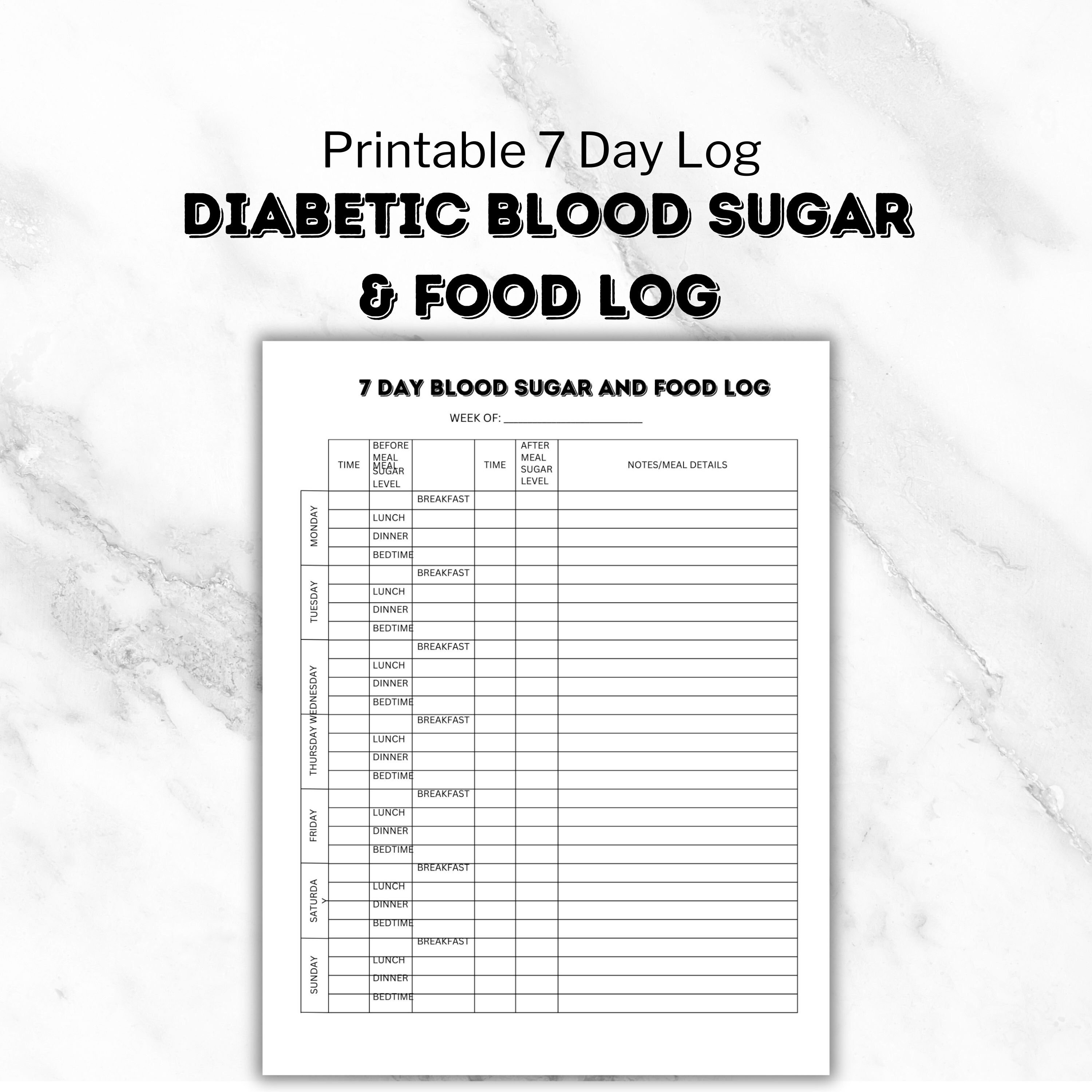 Blood Sugar Log, Diabetic Food Log Printable PDF for Diabetes Journal ...