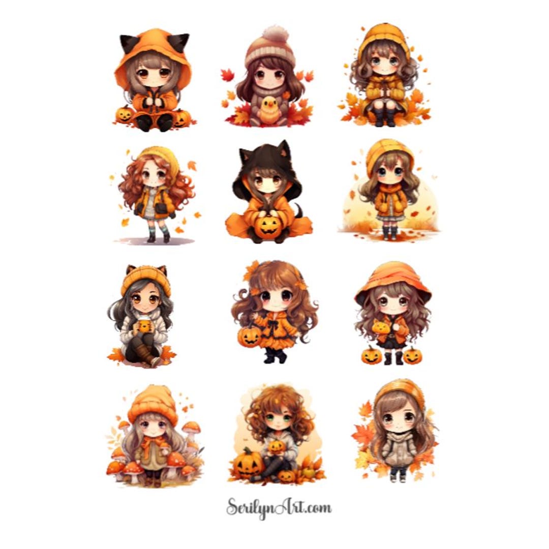 Sticker Sheet Fall Chibi Girls Themed for Bullet Journal, Scrapbooking ...